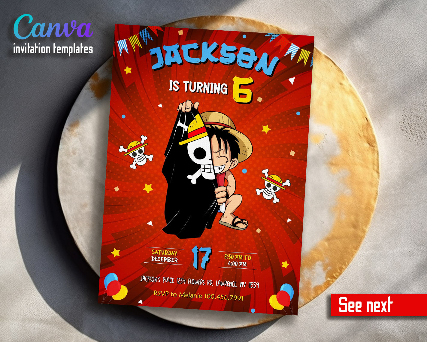 One Piece Monkey D.Luffy Anime customizable invitation template | Shar ...