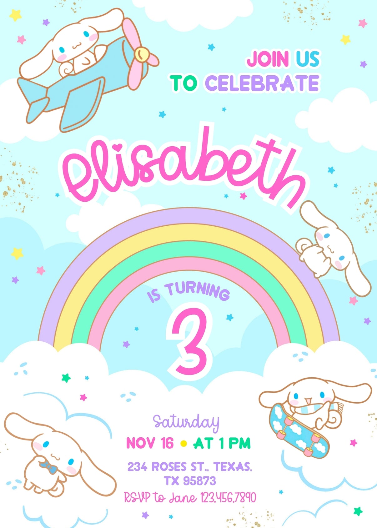 Cinnamoroll Hello Kitty Sanrio customizable invitation template | Shar ...